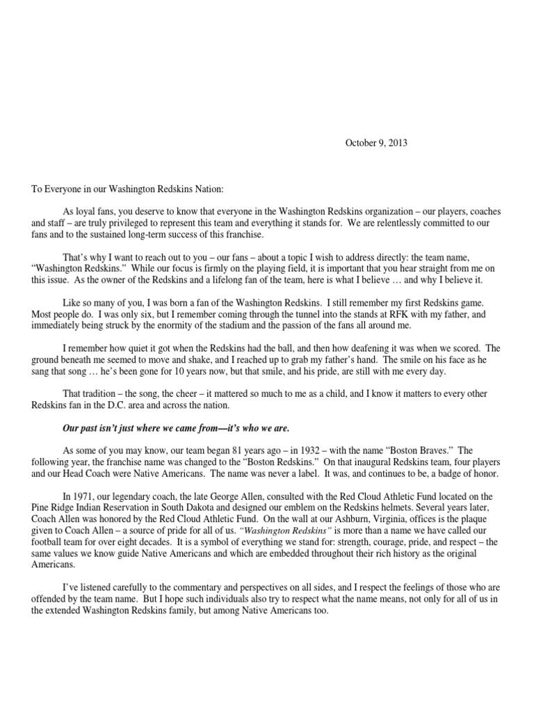 Letter From Dan Snyder | PDF | Washington Redskins | Native Americans ... Letter From Dan Snyder | PDF | Washington Redskins | Native Americans ...