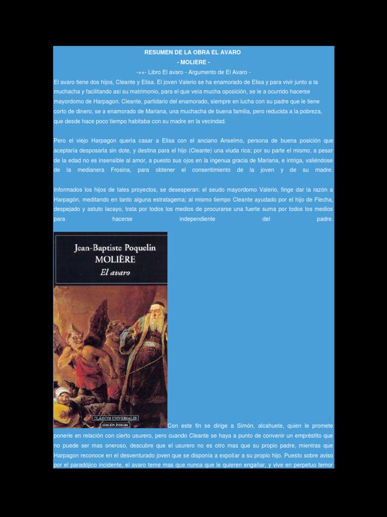 Resumen de La Obra El Avaro