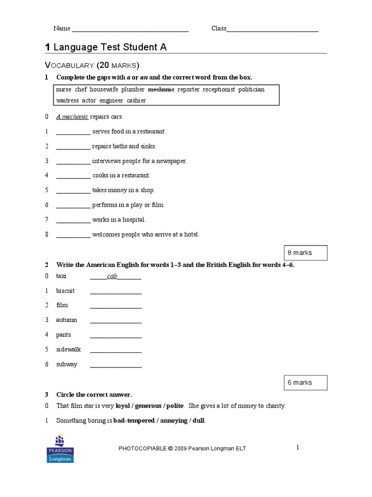 Language Test 1A | PDF