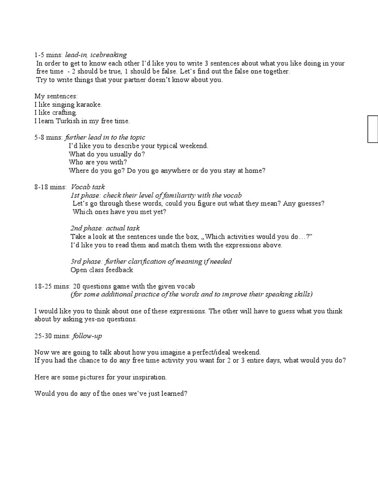 Perfect Weekend - ESL Lesson Plan | PDF