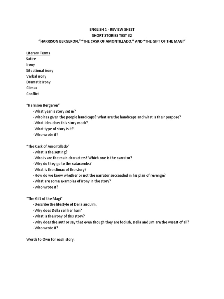 Short Stories Test 2 Review Sheet | PDF
