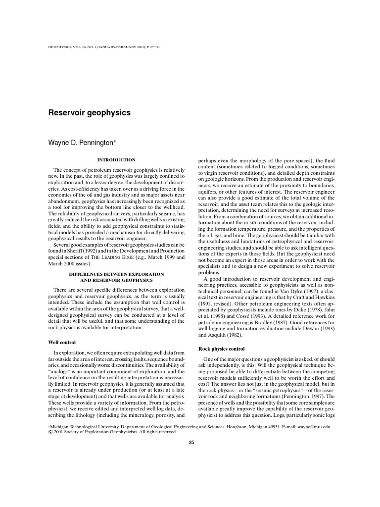 Reservoir Geophysics: Wayne D. Pennington | PDF | Reflection Seismology ...