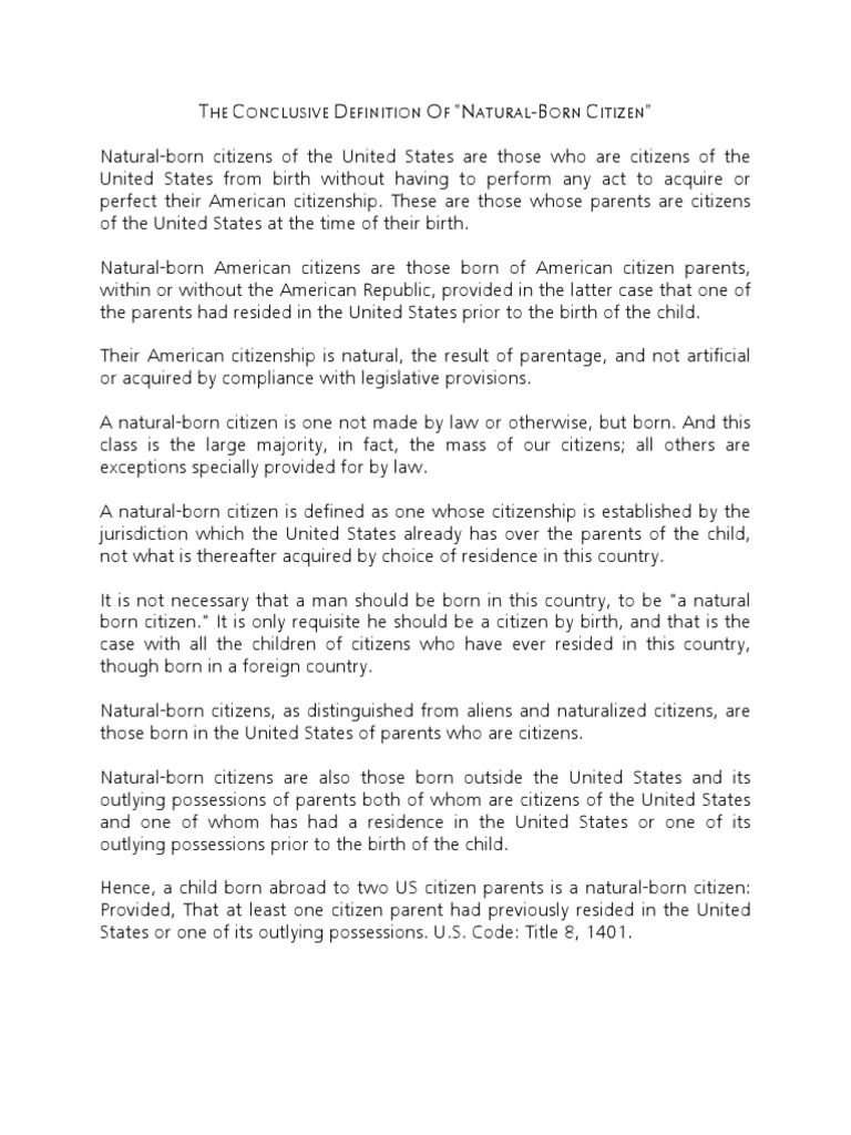 The Conclusive Definition of Natural Born Citizen | PDF | United States ...
