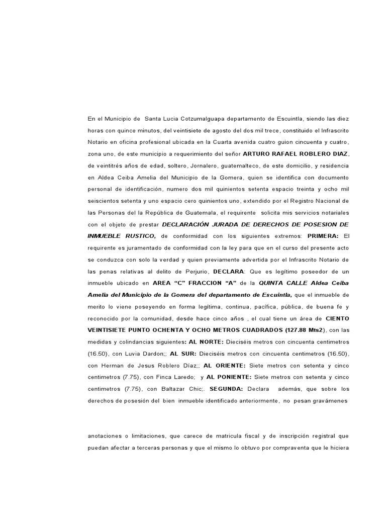 Acta Declaracion Jurada de Derechos de Posesion Arturo Roblero | PDF | Guatemala | Gobierno