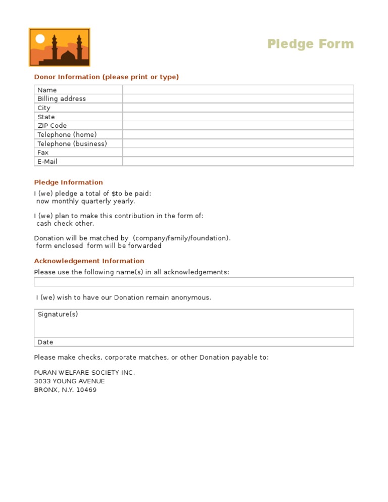 Donation Pledge Form for Puran Welfare | PDF | Business
