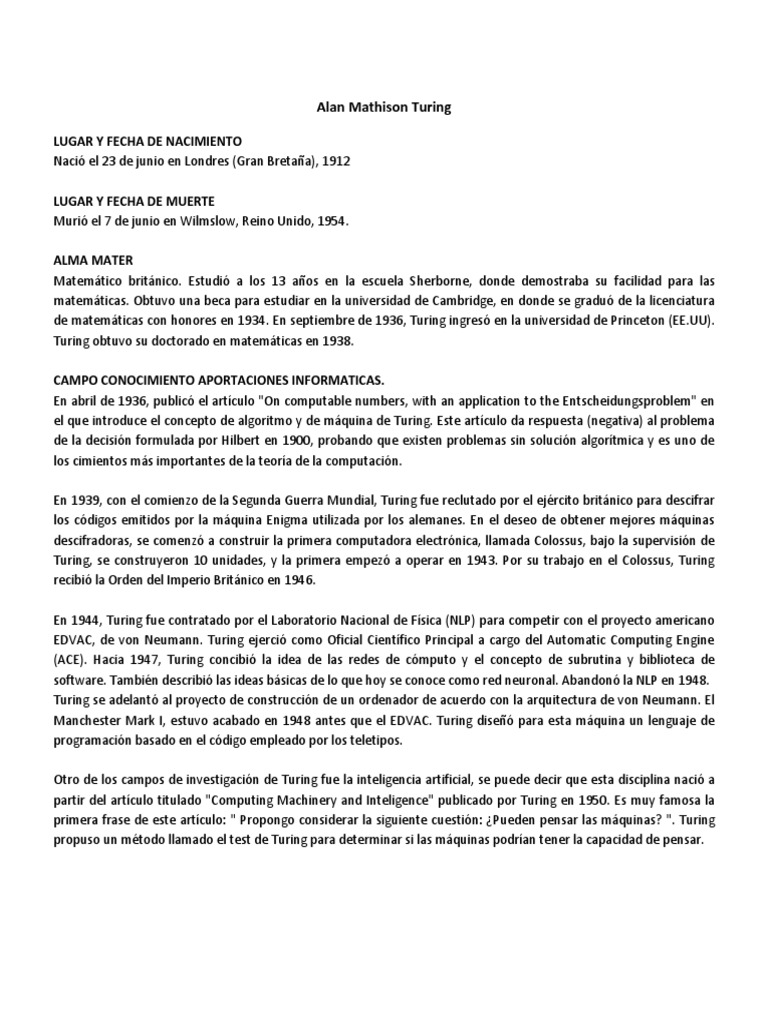 Biografia Alan Turin | PDF | Alan Turing | Áreas de informática