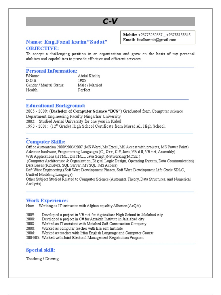 Fazal Karim Sadat CV | PDF | Microsoft Access | Computer Science