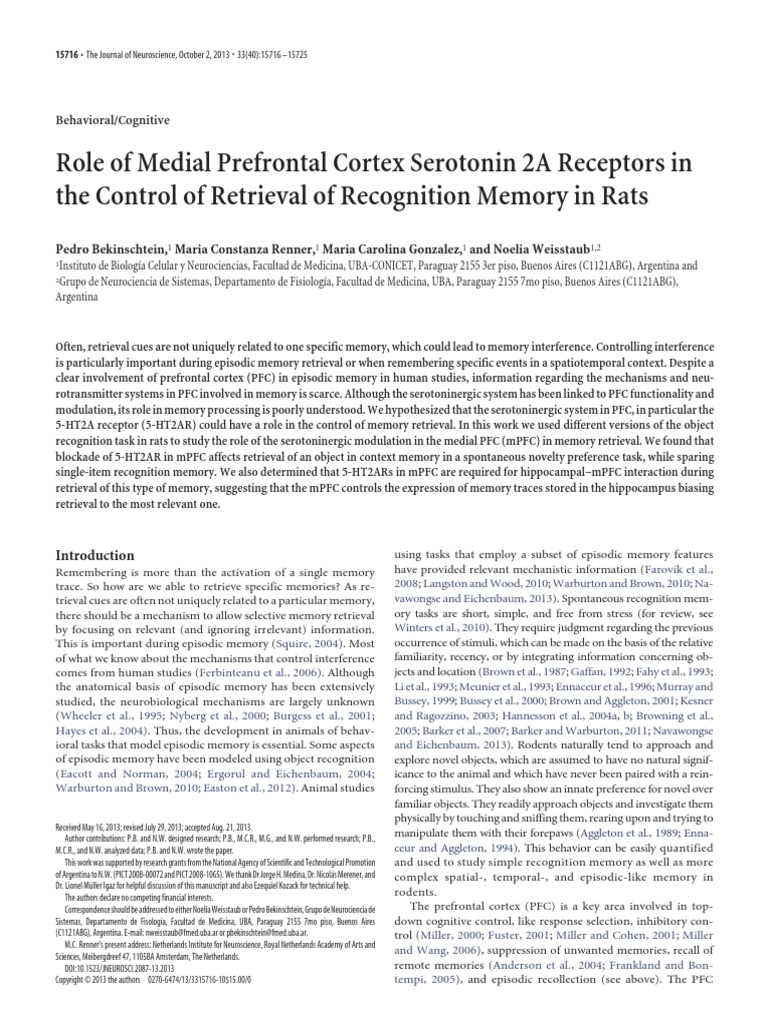 Role of Medial Prefrontal Cortex Serotonin 2A Receptors in The Control ...