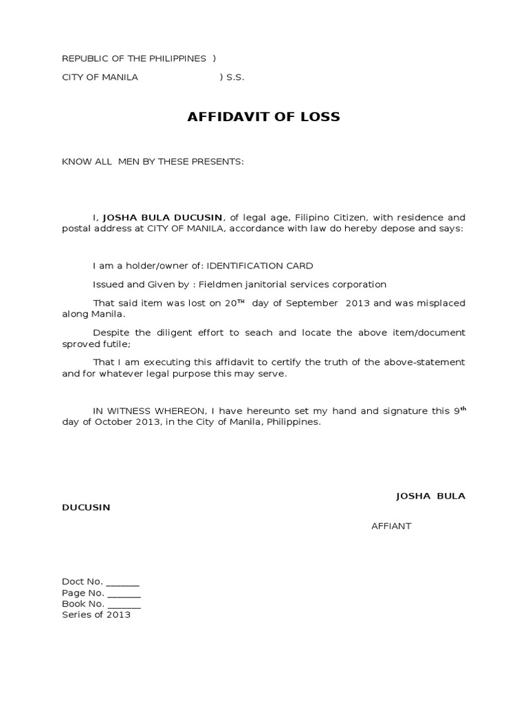 Affidavit of Loss | PDF | Affidavit | Manila