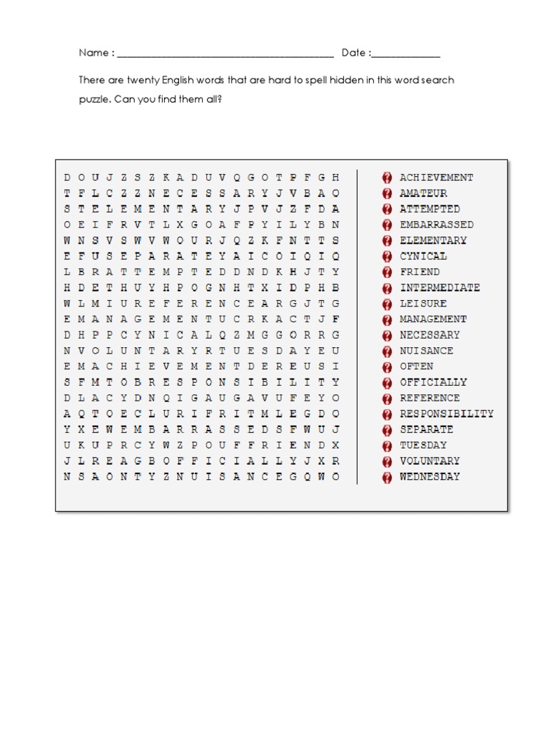 Name: - Date: - There Are Twenty English Words That Are Hard To Spell ...
