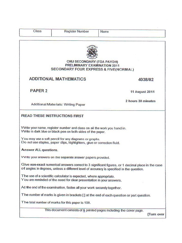 2011 Chij Sec Toa Payoh Sec 4 A Maths Prelim Exam Paper 2 With ...