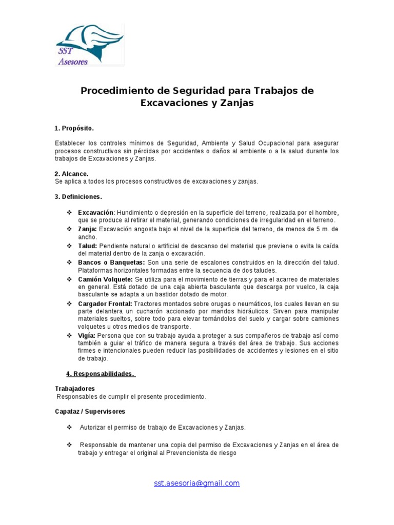 Procedimiento de Seguridad para Trabajos de Excavaciones y Zanjas | PDF ...
