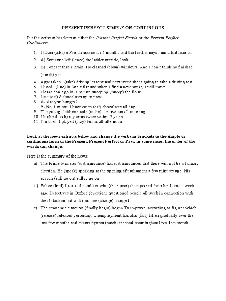 Present Perfect Simple vs. Continuous Exercises | PDF