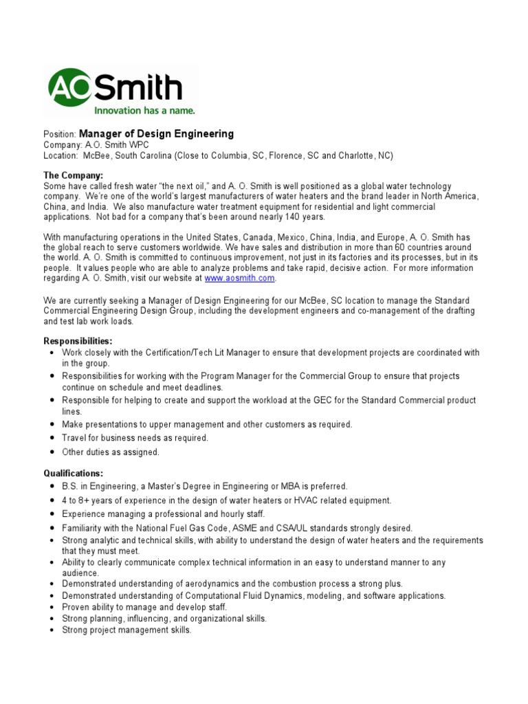 Manager of Design Engineering-Job Posting - 8-8-13 | PDF | Business ...