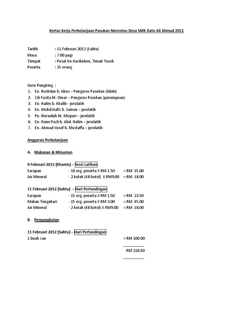 Kertas Kerja Perbelanjaan Pasukan Merentas Desa SMK Dato Ali Ahmad 2012 ...