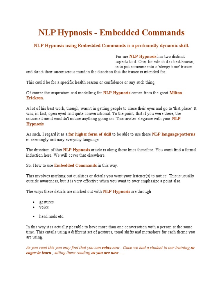 Embedded Command NLP Hypnosis | PDF | Hypnosis | Neuro Linguistic ...