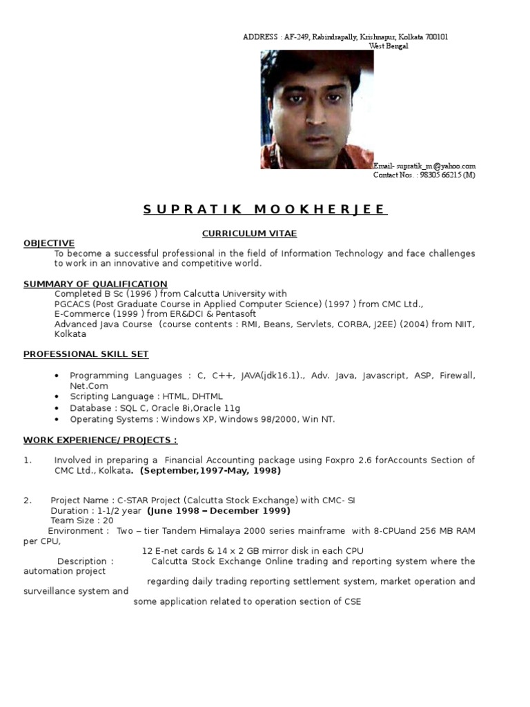 Supratik Mookherjee: Curriculum Vitae Objective | Download Free PDF | Java Script | Java ...