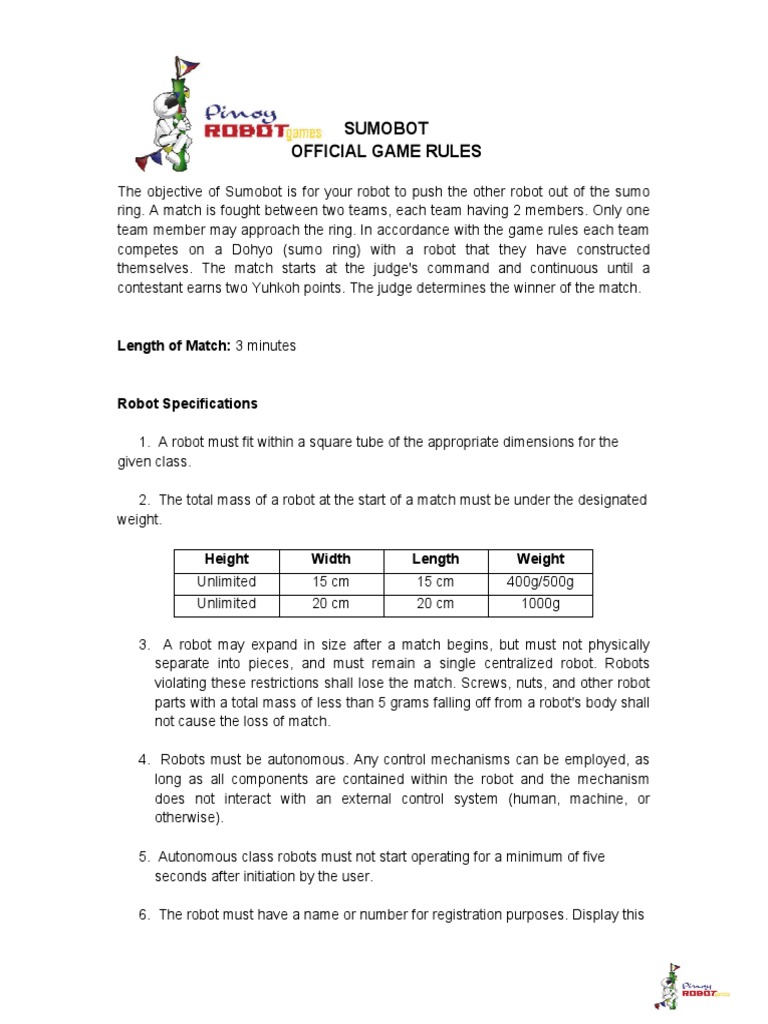 Sumobot Game Rules | PDF | Robot | Robotics