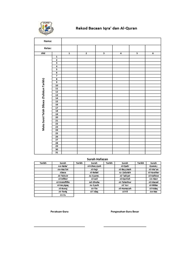 Rekod Bacaan Iqra' Dan Al-Quran | PDF