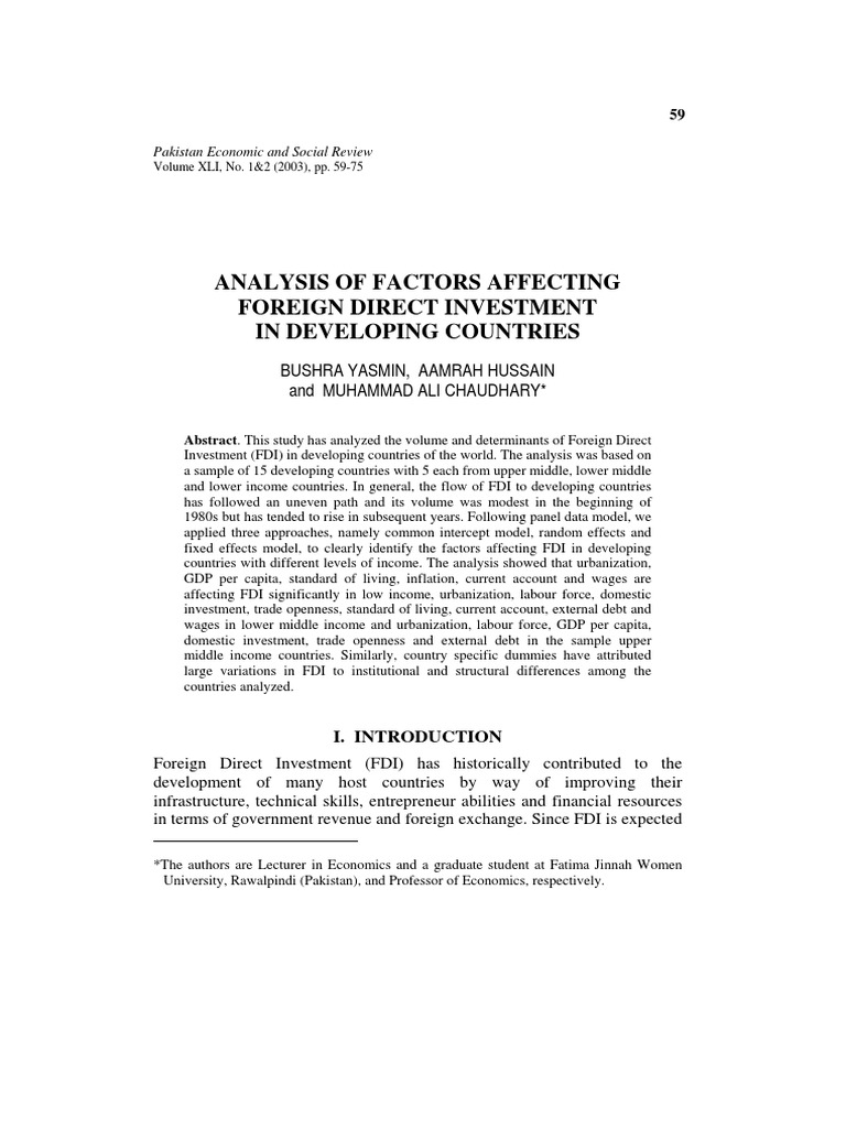 Analysis of Factors Affecting Foreign Direct Investment in Developing ...