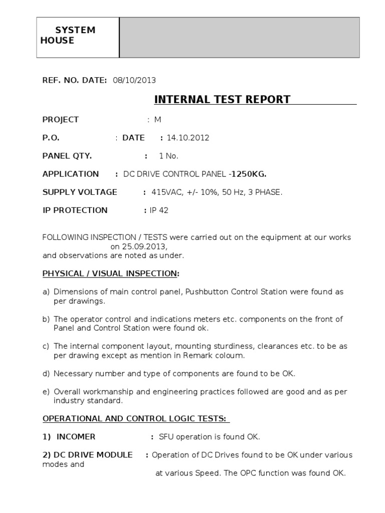 Internal Test Report for DC Drive Panel | PDF