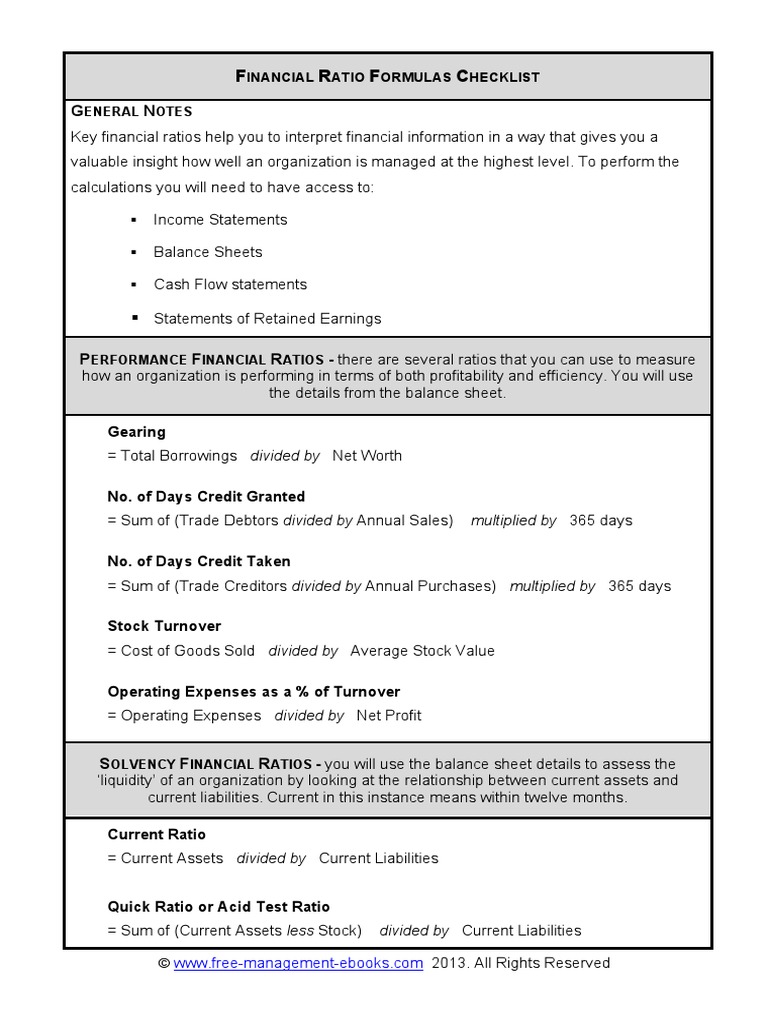 Fme Financial Ratio Formulas Checklist PDF | PDF | Financial Ratio | Stocks