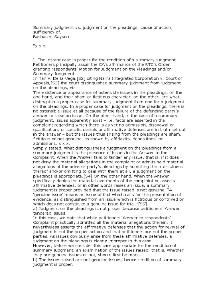 Summary Judgment Vs - judgMENT On PLEADINGdoc | PDF | Pleading ...