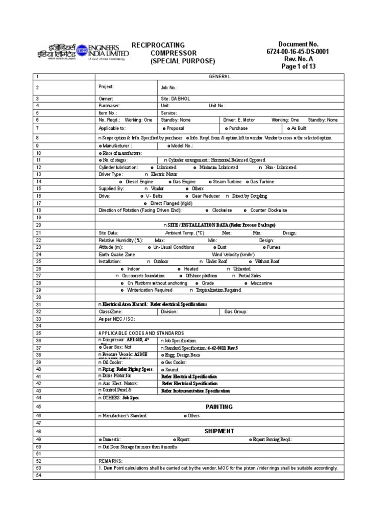 Data Sheet of Reciprocating Compressor 1 | PDF