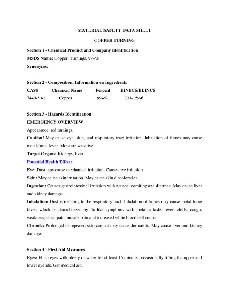 Msds of Copper Turning | PDF | Personal Protective Equipment | Clinical ...