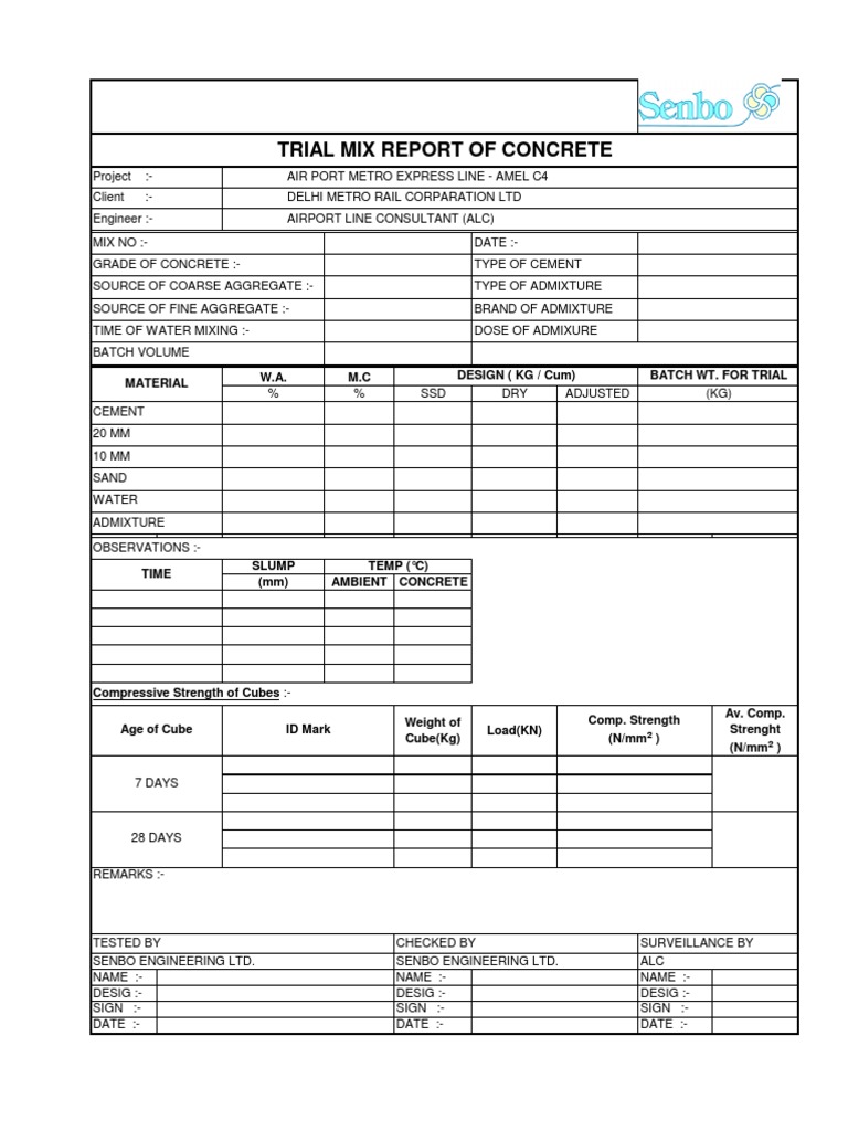 Trial Mix Report of Concrete: W.A. M.C Material Design (KG / Cum) Batch ...