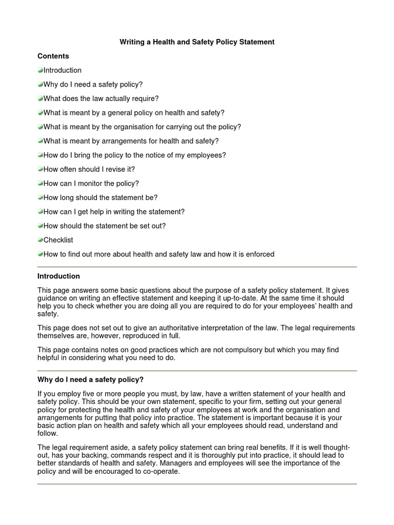 Writing A Health and Safety Policy Statement | PDF | Occupational ...