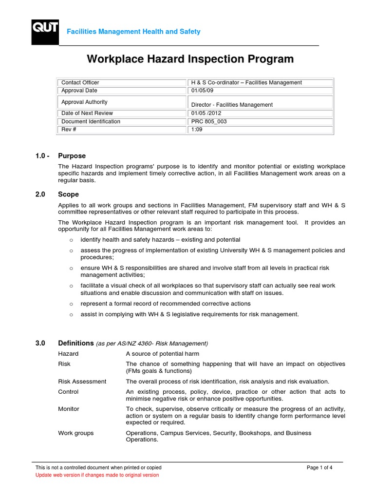 Workplace Hazard Inspection Program - Procedure | Risk Management | Risk