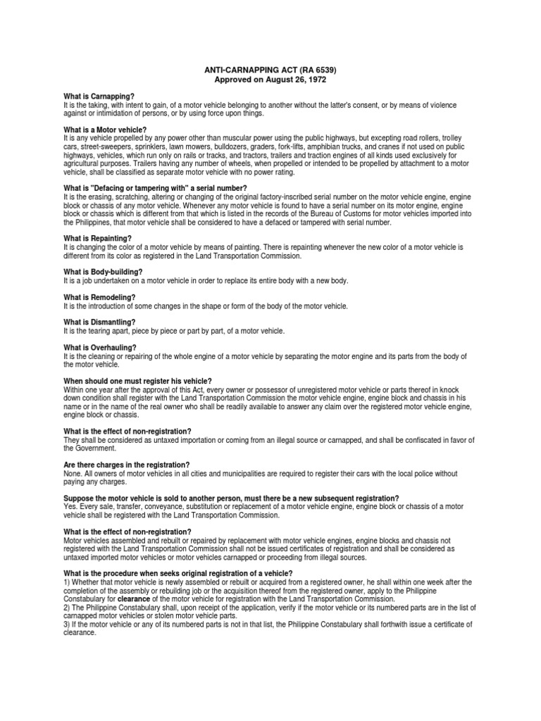 Anti - Carnapping Law | Download Free PDF | Vehicles | Legal Personality
