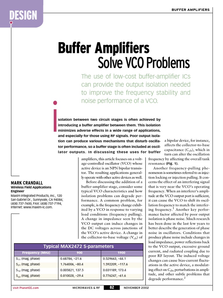 (MWRF0211) Buffer Amplifiers Solve VCO Problems | PDF | Amplifier | Bipolar Junction Transistor