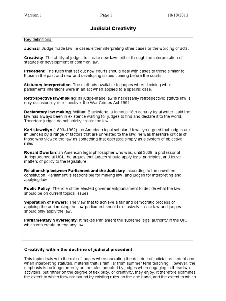 Judicial Creativity and Precedent in Law | PDF | Recklessness (Law ...