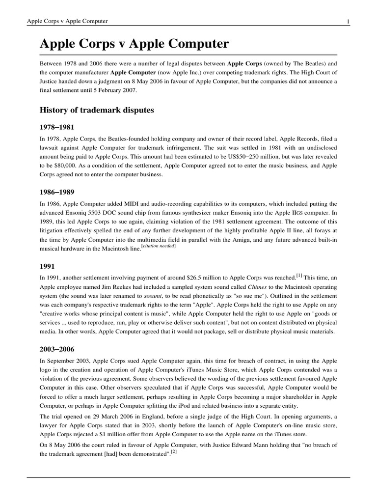 Apple Corps vs. Apple Computer Disputes | PDF | Apple Inc. | Computing ...