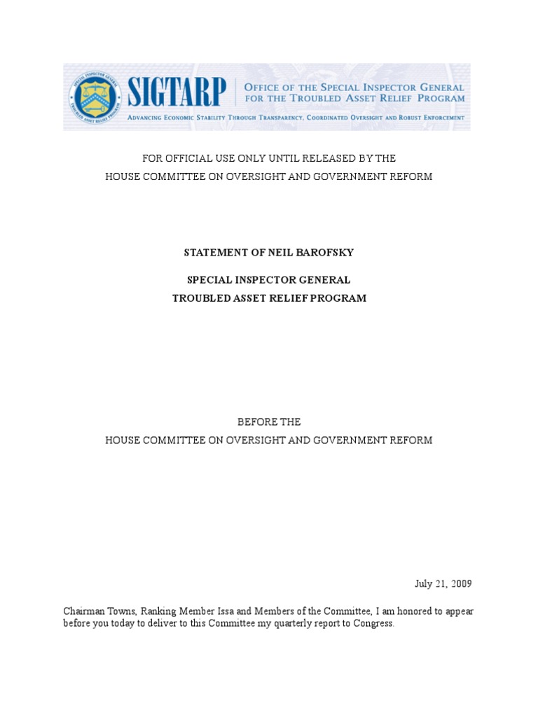 Statement of Neil Barofsky Special Inspector General Troubled Asset ...