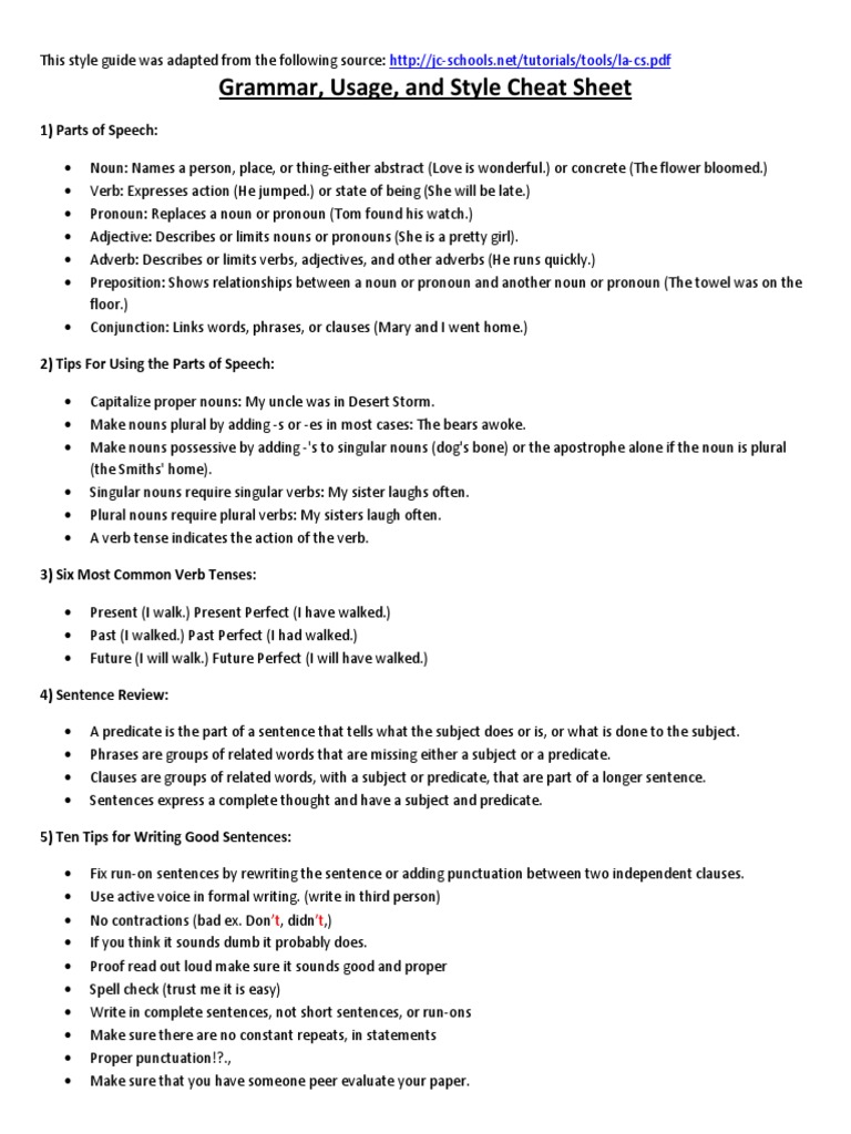 Grammar Style Guide Cheat Sheet | PDF | Verb | Noun