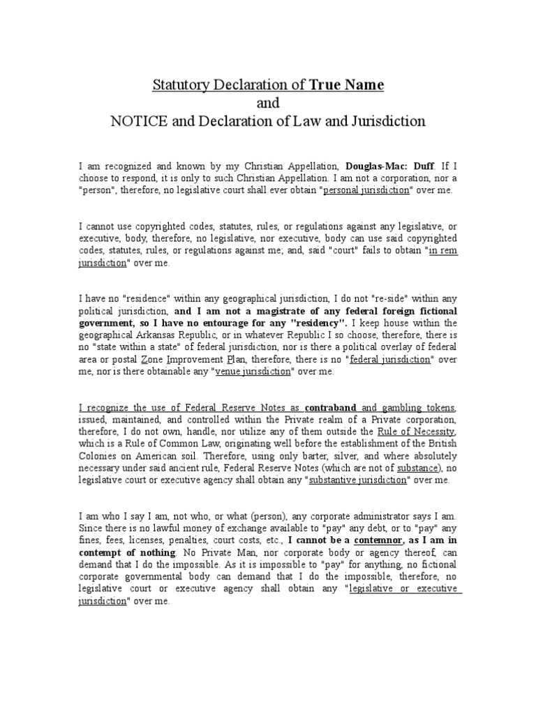 Statutory Declaration of Jurisdiction Rights | PDF | U.S. State ...