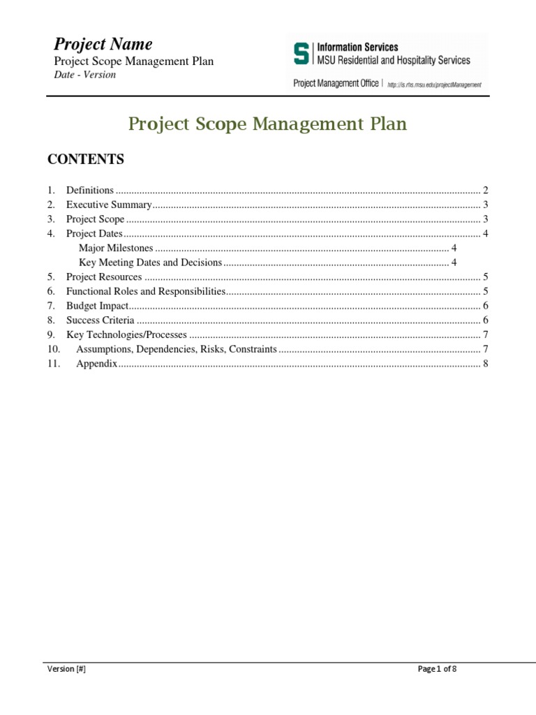 Project Scope Management Plan Template | PDF | Production And ...