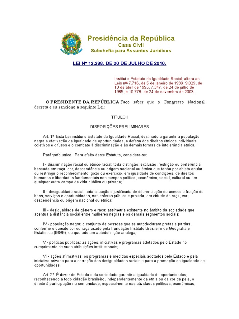 Resumo Lei 12288 de 2010 | PDF