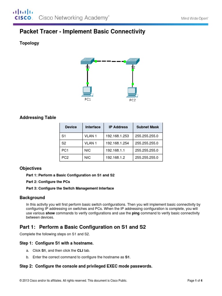 2.3.2.5 Packet Tracer - Implementing Basic Connectivity Instructions PDF | PDF | Ip Address ...