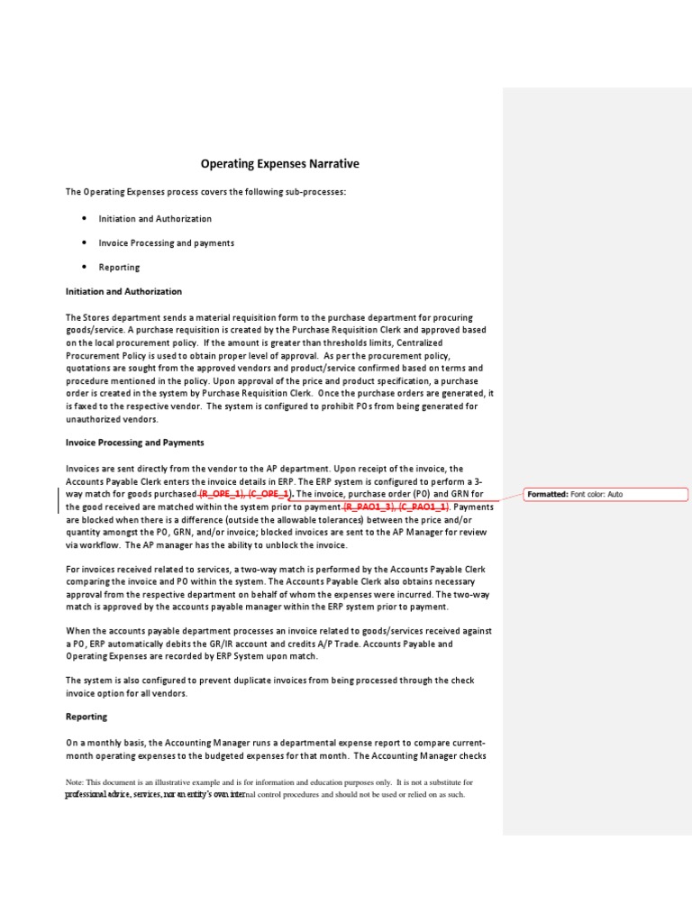 Operating Expenses Narrative | PDF | Accounts Payable | Invoice