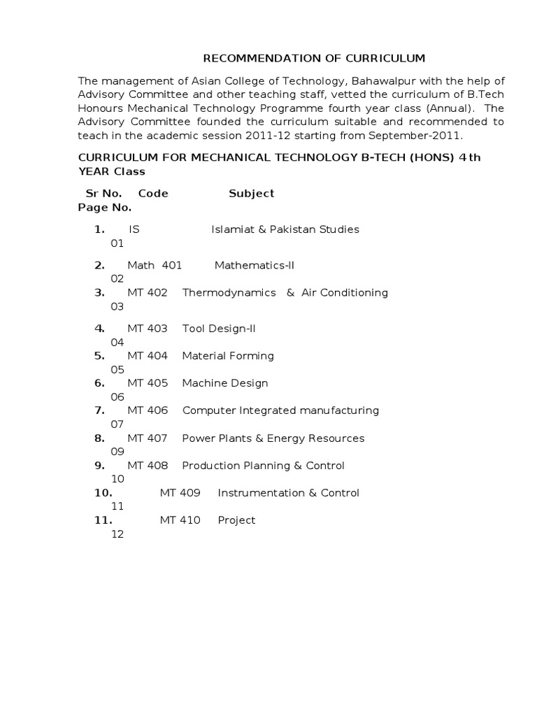 B.tech (Hons) Mechanical Course Outline | PDF | Equations ...