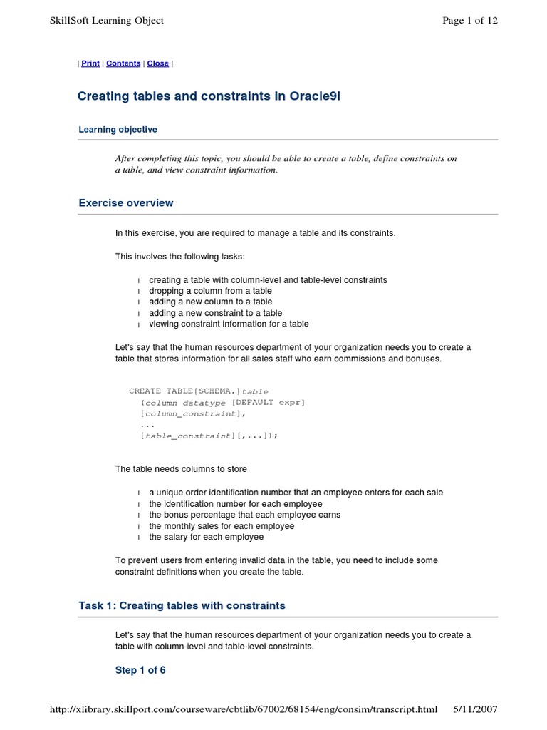 Creating Tables and Constraints in Oracle9I: Page 1 of 12 Skillsoft ...