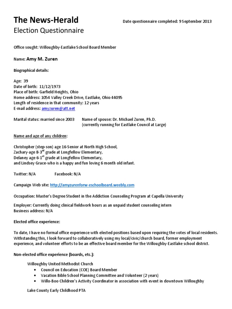Willoughby-Eastlake School Board Candidate: Amy Zuren | PDF | Academic ...