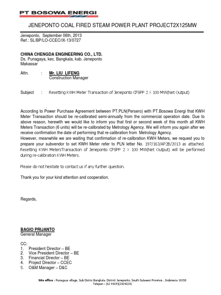 Jeneponto Power Plant KWH Meter Reset Notice | PDF
