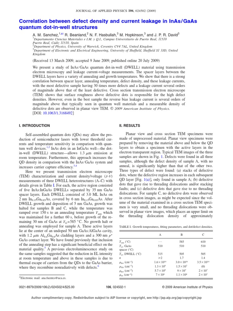Correlation Between Defect Density and Current Leakage in Inas/ Gaas ...