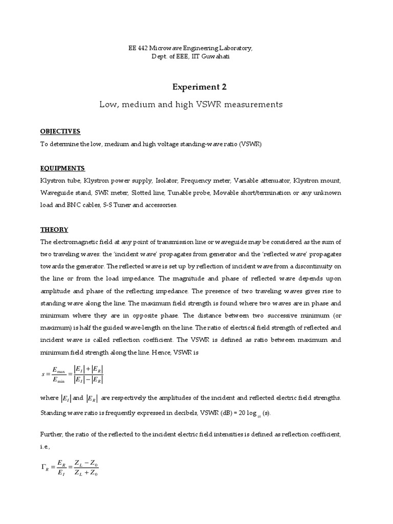 Experiment 2 Low, Medium and High VSWR Measurements: E E E E E E S ...