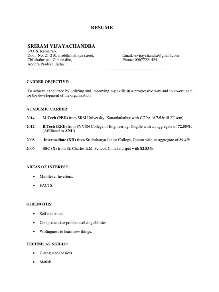 Sriram Vijayachandra: Resume | PDF | Power Inverter | Rama